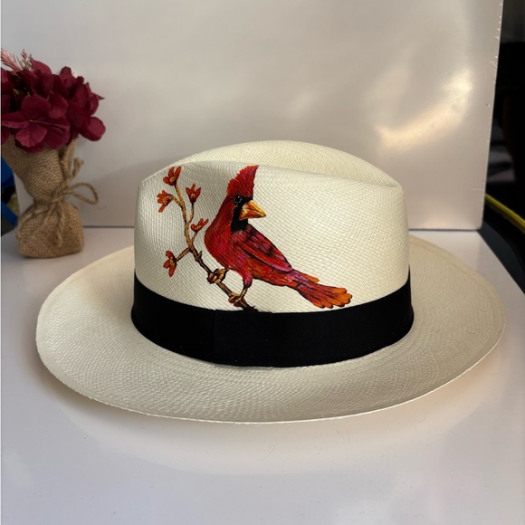 panama hat | Other | Cream Fedora With Cardinal Design Panama Hat ...